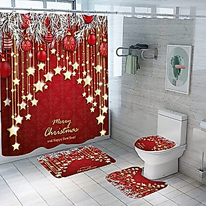 BBLYANU 4 Pcs Merry Christmas Shower Curtain Sets with Rugs,Santa Claus Shower Curtains for Bathroom with 12 Hooks,Non-Slip Rugs,Toilet Lid Cover and Bath Mat for Bathroom Christmas Decoration (02)