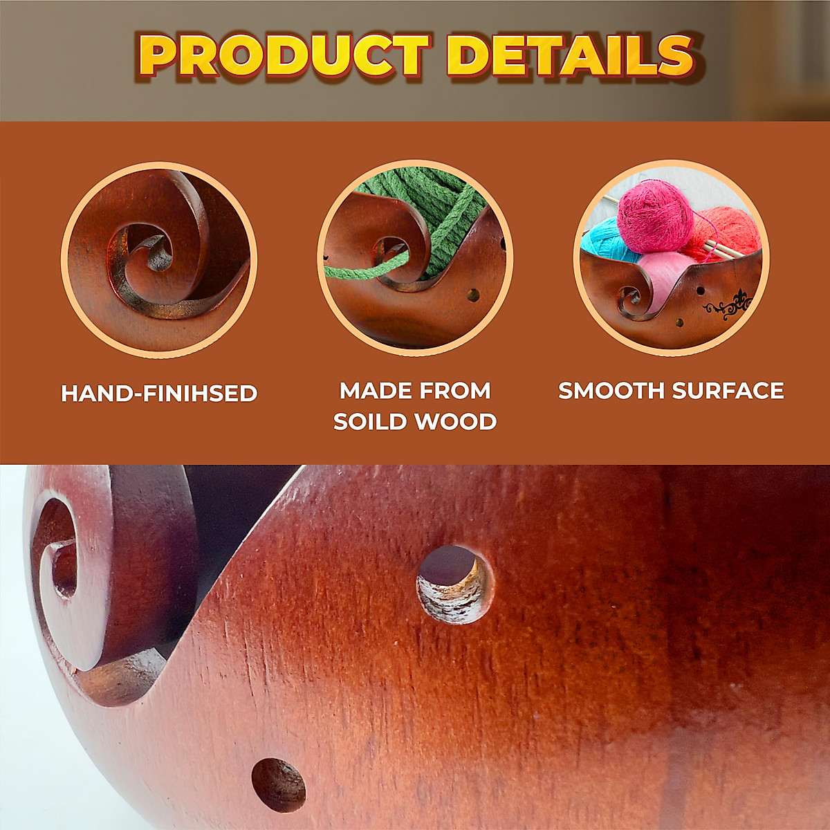 Savina Large Wooden Yarn Bowl & Crochet Tension Ring, Size 7in x 2.9in - Handcrafted from Solid Wood & Horn - Yarn Holder for Crocheting, Knitting.