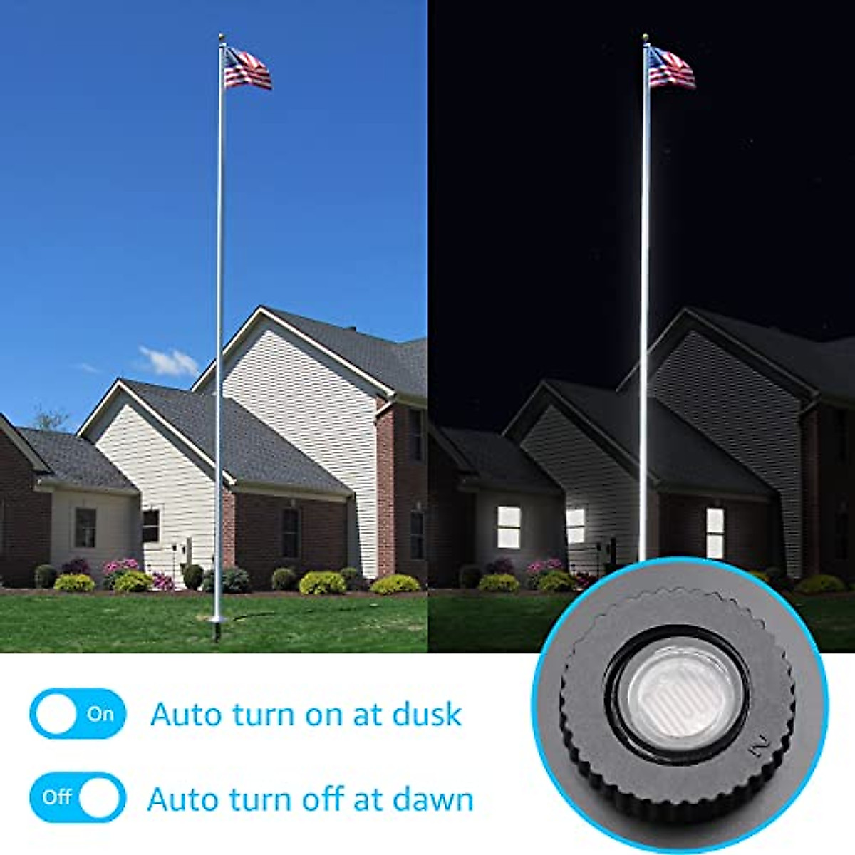 SUNVIE 30W Spot Lights Outdoor 120V Dusk to Dawn Outdoor LED Spotlight Plug in with Photocell Sensor 3000K Waterproof Bright Flag Pole Light for Yard Tree Garden Landscape Lighting with Stake 6FT Cord