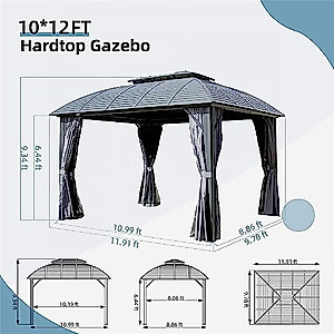 Goohome 10'x12' Hardtop Gazebo, Wooden Coated Aluminum Frame Canopy Double Roof Gazebo with Zippered Mosquito Netting and Privacy Sidewall, Outdoor Permanent Hard Top Waterproof Pergola for Shade Lawn