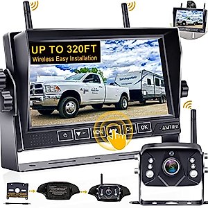AMTIFO RV Backup Camera Wireless HD 1080P Trailer Bluetooth Rear View Cam System Touch Key 7'' DVR Monitor Split Screen 4 Channels for Truck Camper Adapter for Furrion Pre-Wired RVs A7