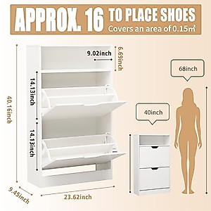 KUMIUNION Shoe Storage Cabinet with 2 Flip Drawers, Slim Freestanding Storage Racks for Entryway, Hallway, Hidden Narrow Shoe Organizers Perfect for Heels, Boots, Slippers, White