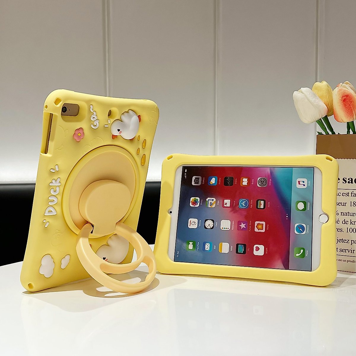 Silicone Yellow Duck Pattern Tablet Case with Lanyard and Built-in Foldable Stand Kickstand Shockproof Cover Case for Samsung Galaxy Tab A8 10.5 2021 X200/X205