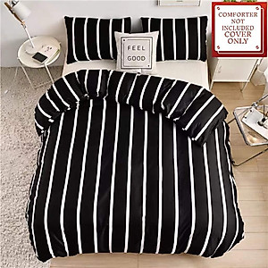 Lightweight Hotel Luxury Duvet Cover 3 Piece Set-Black with White Vertical Stripes Ultra Soft Premium Microfiber Breathable Comforter Cover with Zipper Closure, Corner Ties Full/Queen (90x90 inches) …