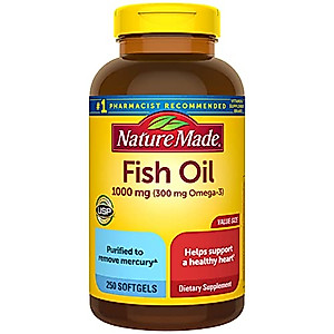 Nature Made Fish Oil 1000 mg Softgels, Omega 3 Fish Oil for Healthy Heart Support, Supplement with 250 Softgels, 125 Day Supply