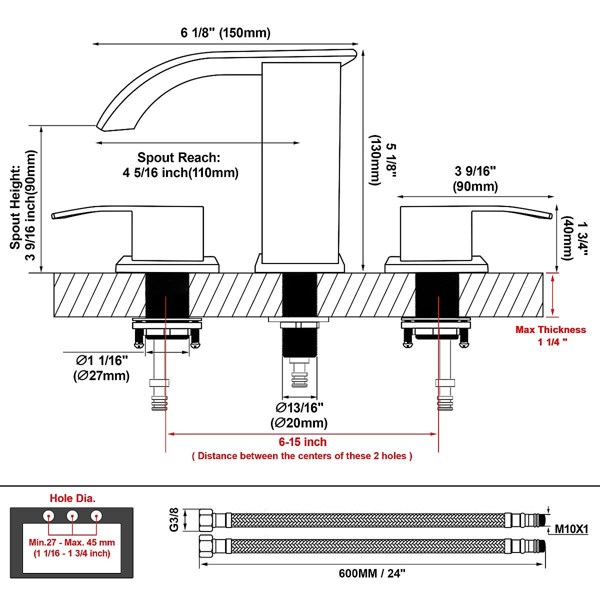 Brushed Nickel Waterfall Bathroom Faucet for Sink 3 Hole - Widespread, 2-Handles 8 Inch Modern Faucet for Bathroom Sink, Vanity Faucet with cUPC Supply Lines