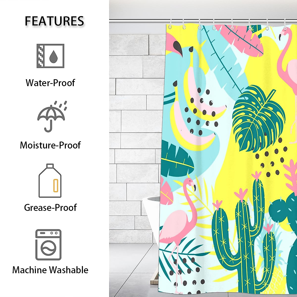 Aglebo Toucan Flamingos Cactuses Leaves Shower Curtain Fabric Shower Curtain Set with 12 Hooks Water-Proof 72 * 72 Inches for Bathroom Beach Caravan Hotel