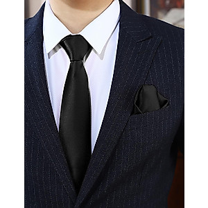 PenSee Men's Black Ties For Men Solid Pure Color 3.15" (8CM) Classic Formal Plain Necktie and Pocket Square Set For Men