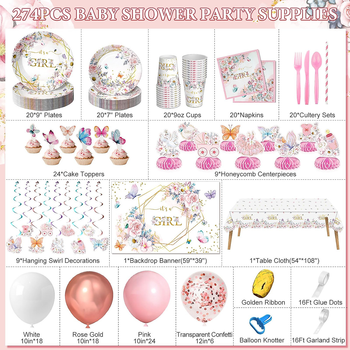 Baby Shower Decorations for Girl, 274Pcs Girl Baby Shower Decorations Party Supplies (20 Guests) Floral Baby Shower Decor It Is A Girl Backdrop Banner for Pink Baby Shower with Plates Cups Balloons