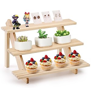 Coloch 3 Tier Wooden Cupcake Stand, Rustic Retail Display Riser Jewelry Holder Stand, for Cupcakes, Desserts, Brooch, Bracelet, Tabletop Jewelry Display, 15.8 x 9x 10.2 Inch