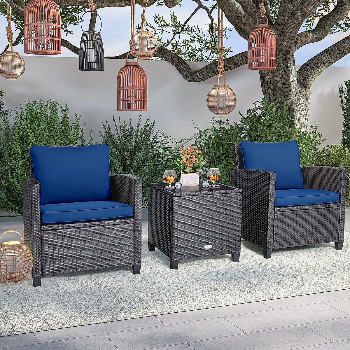 Tangkula 3 Pieces Patio Furniture Set, PE Rattan Wicker 3 Pcs Outdoor Sofa Set w/Washable Cushion and Tempered Glass Tabletop, Conversation Furniture for Garden Poolside Balcony (Beige/Navy)