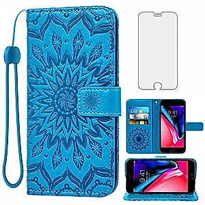 Phone Case for iPhone 7plus 8plus 7/8 Plus Wallet Cases with Tempered Glass Screen Protector Leather Flip Cover Card Holder Stand Cell Accessories i Phone7s 7s + 7+ 8s 8+ Phones8 Women Men Blue