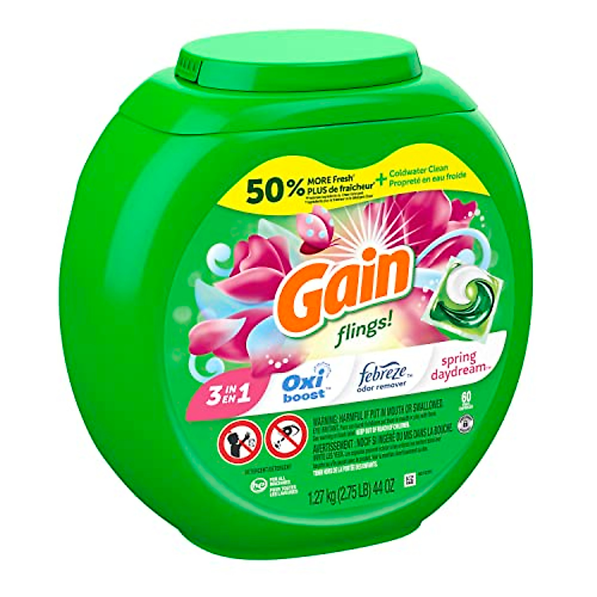 Gain flings! Laundry Detergent Soap Pacs HE Compatible 60 ct Long Lasting Scent Spring Daydream