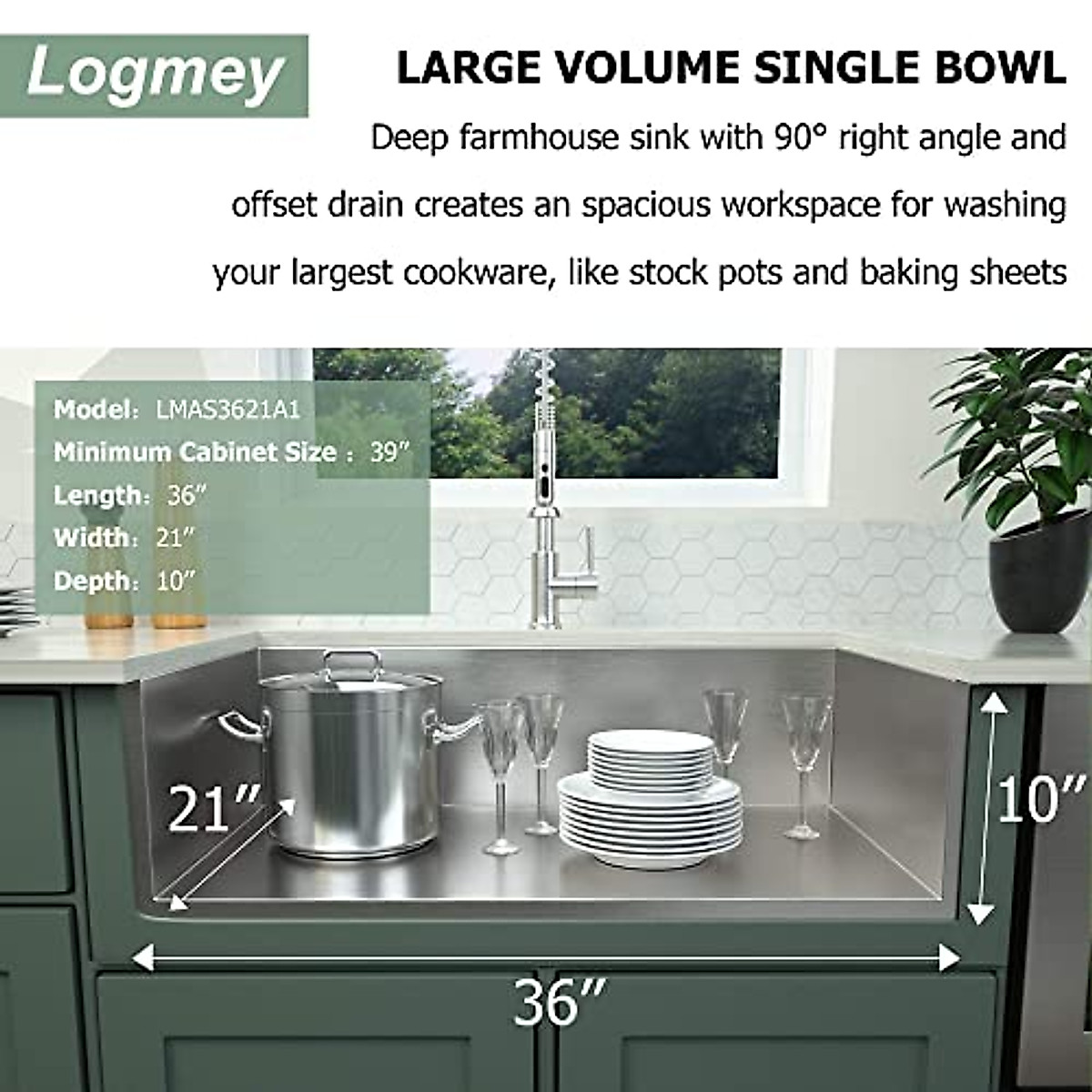 36 Inch Farmhouse Sink - Logmey Stainlese Steel Workstation Farmhouse Kitchen Sink 16 Gauge Apron Front Sink Single Bowl Farm Sink 36x21x9 Inches