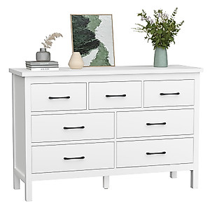 CARPETNAL White Dresser for Bedroom, 7 Drawer Dresser with Wide Drawers and Metal Handles, Woode Dressers & Chests of Drawers for Hallyway, Entryway.