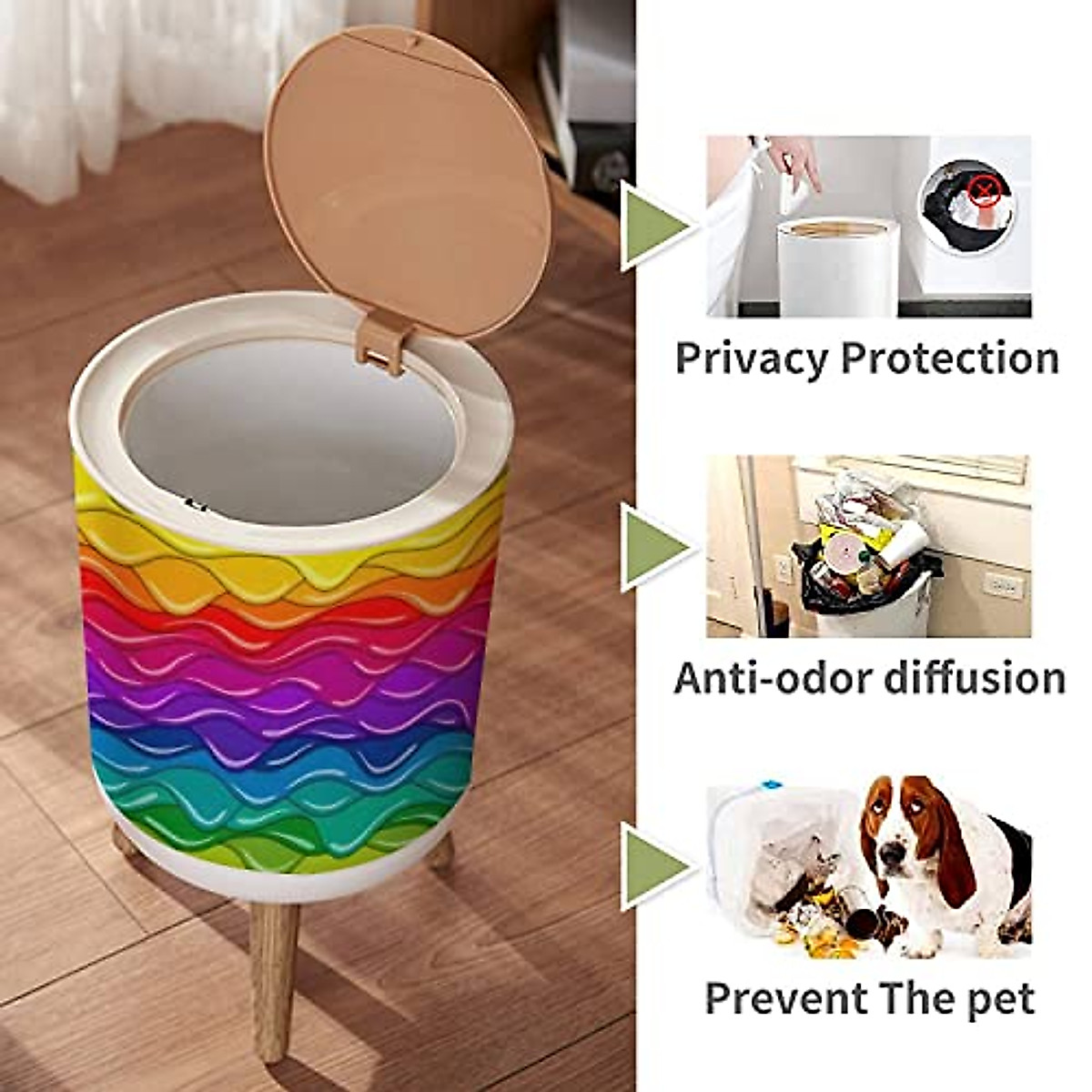 Small Trash Can with Lid Bright Rainbow Glaze Seamless Texture for Fabric Wrapping Decorative Garbage Bin Wood Waste Bin Press Cover Round Wastebasket for Bathroom Bedroom Diaper Office Kitchen
