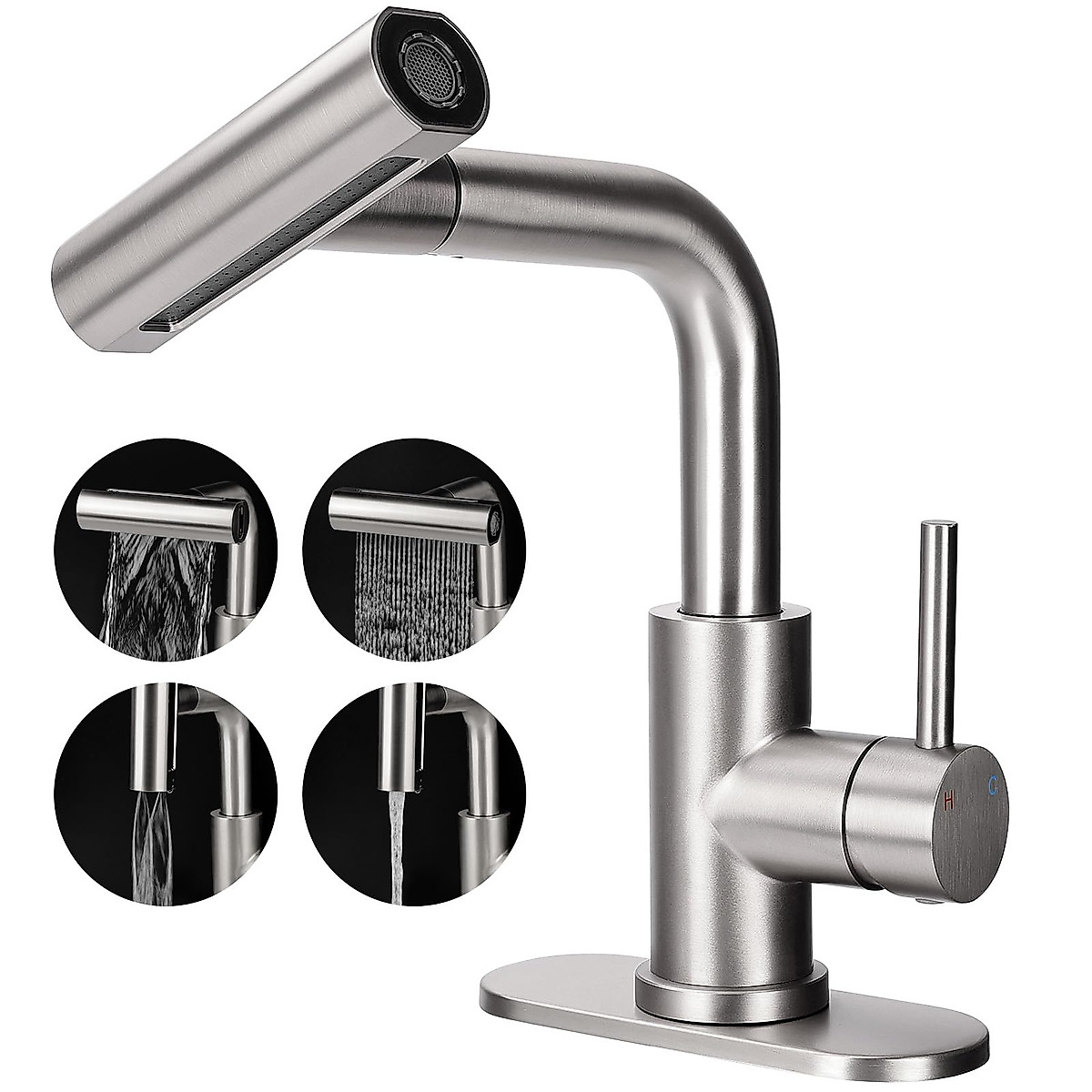 Bietor Bathroom Sink Faucet with Pull Down Sprayer, 4 Mode Brushed Nickel Bathroom Faucet, Single Handle Tall Bathroom Faucet 1 or 3 Hole with Pop-up Drain & Deck Mount Plate