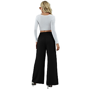 ODIZLI Palazzo Pants for Women Petite Wide Leg Trousers Women Elastic High Waist Wide Leg Dress Pants Flowy Beach Pants Boho Pants Casual Loose Lounge Trousers Linen Pants for Women Black XL