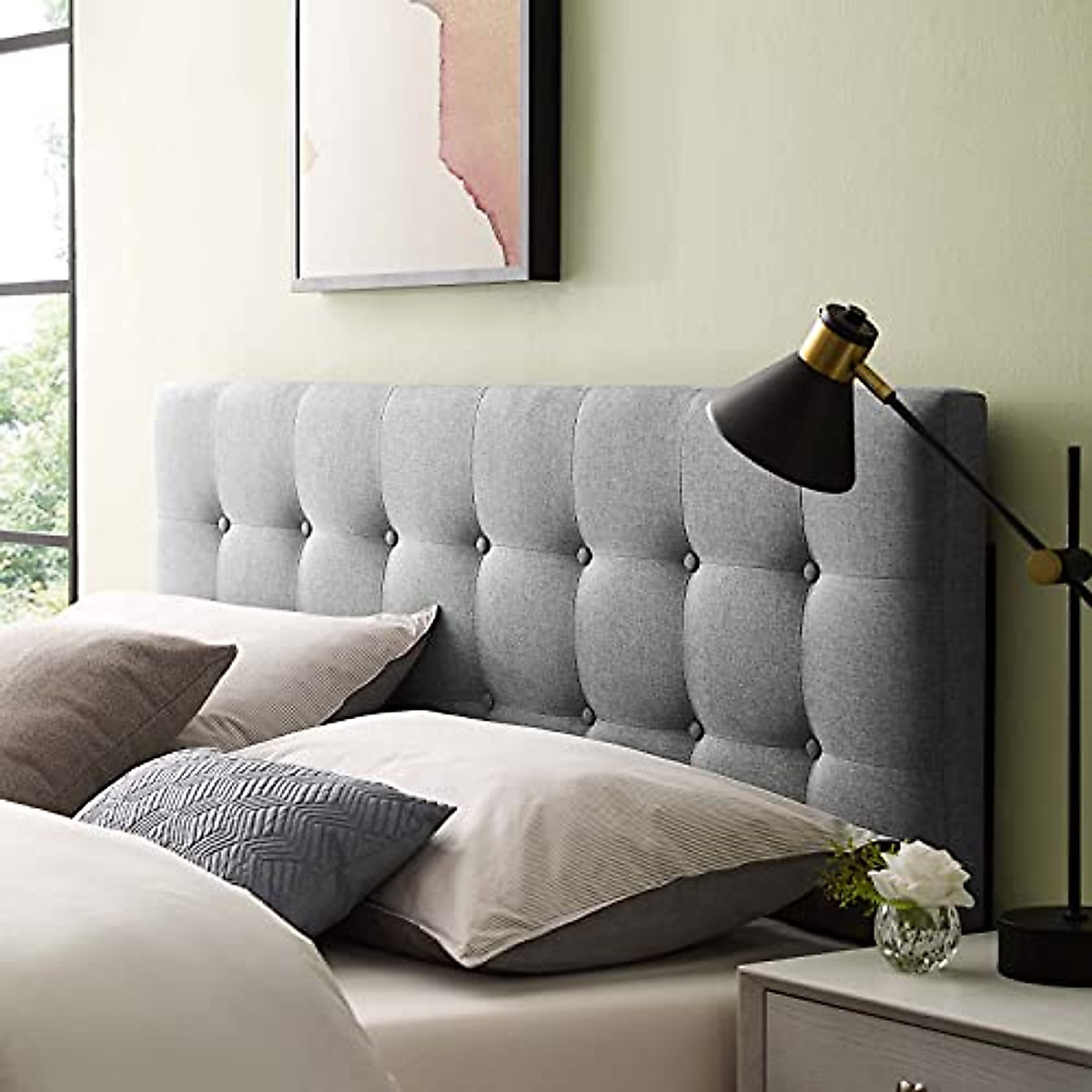 Modway Emily Tufted Button Linen Fabric Upholstered Full Headboard in Gray