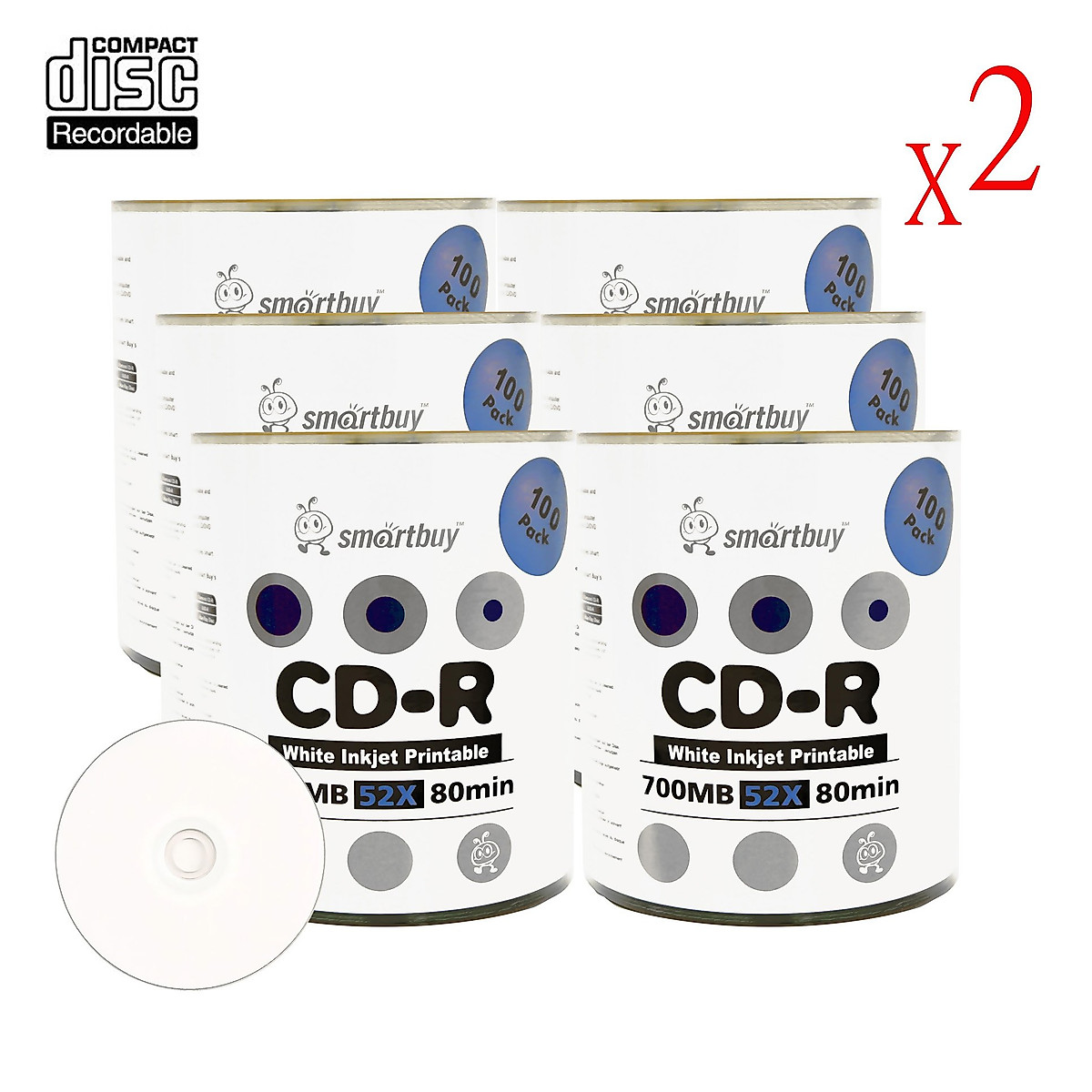 Smartbuy 1200-disc 700mb/80min 52x CD-R White Inkjet Hub Printable Blank Recordable Media Disc