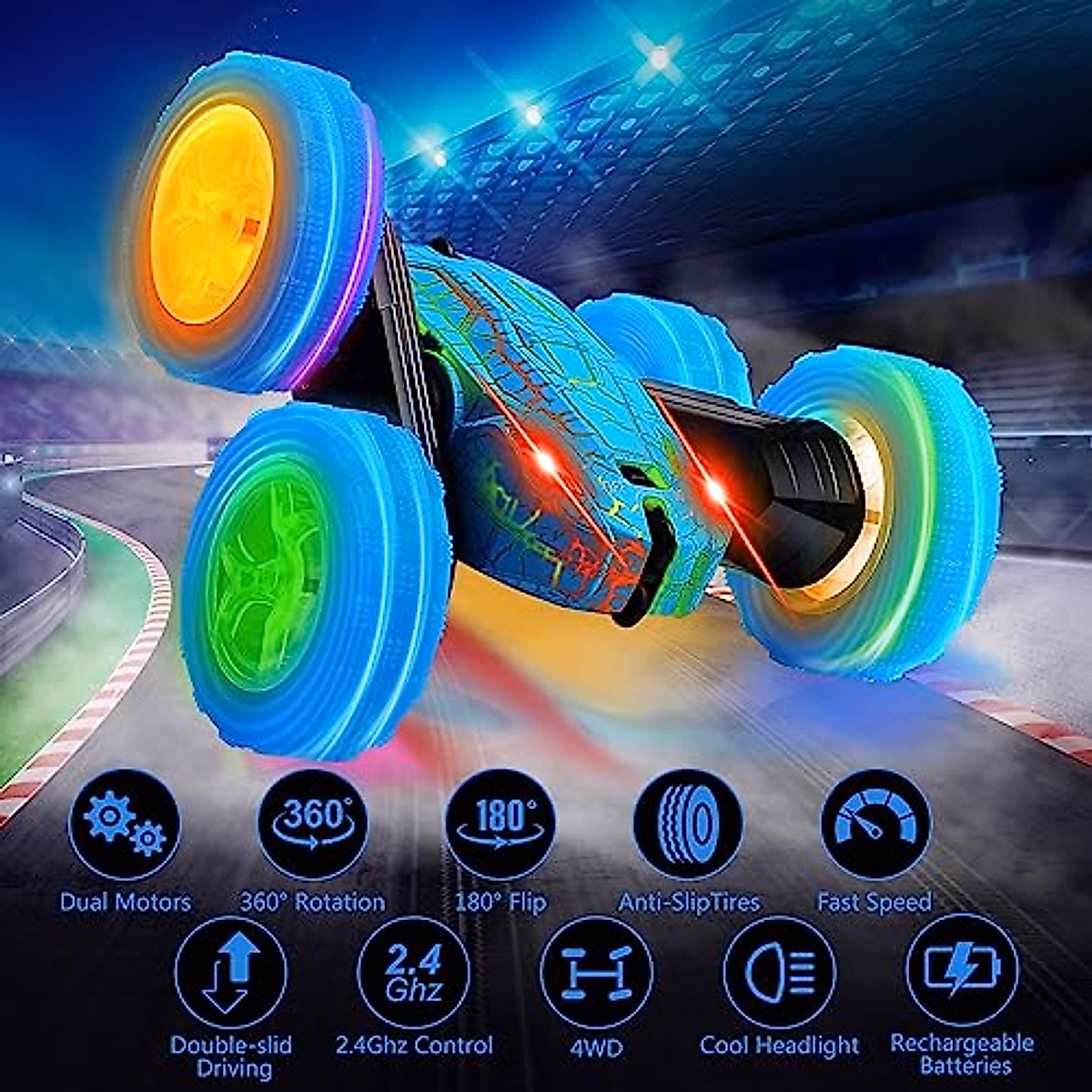FAFUGANIA Remote Control Car, 360° Rotating RC cars with Wheel Light and Body crack light, Fast and Flips 4WD Double-Sided RC Stunt Cars For 6-12 years old Kids Xmas Toy Cars Gift for Boys Girls(Blue)