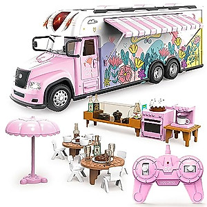 Scientoy Toys for Girls, Remote Control Car for 4 5 6 Year Old Girl Birthday Gifts, Pink RC Car with Light & Building Toys