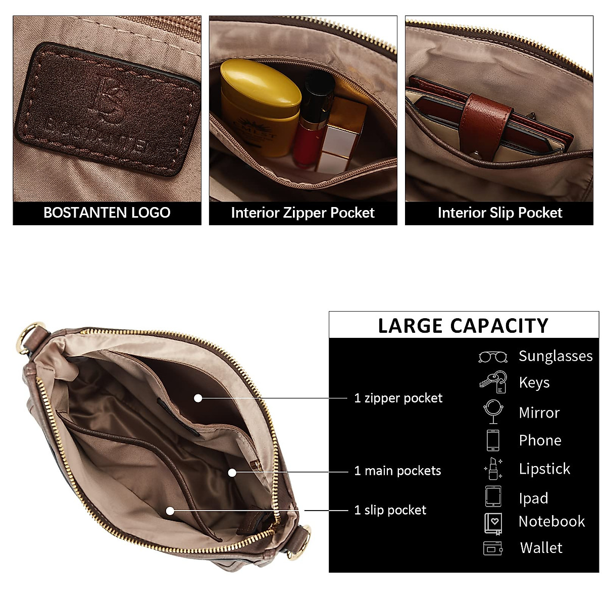 BOSTANTEN Crossbody Bags for Women Trendy Vegan Leather Hobo Purses Shoulder Handbags With Wide Shoulder Strap Coffee