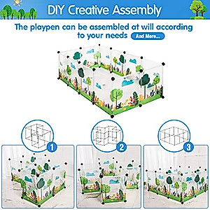PUPTECK Pet Playpen for Puppies/Rabbits/Kittens/Guinea Pigs/Small Animals, Plastic Indoor Yard Fence, Printed Cage with Bottom, Easy Assembled and Escape Proof
