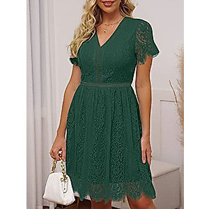 MEROKEETY Women's Short Sleeve Lace Floral Swing Dress Elegant Wedding Guest Bridesmaid Dress, DarkGreen, L
