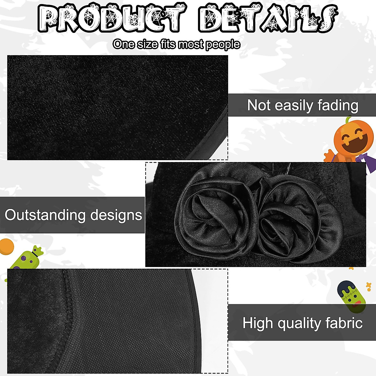 Hercicy 2 Pack Halloween Witch Broom Hat Set Witch Cosplay Black Witch Hat with Flower Feather and Broom Costume Witch Costume Accessories Witch Hat Broom Props for Halloween Costume Party Supplies