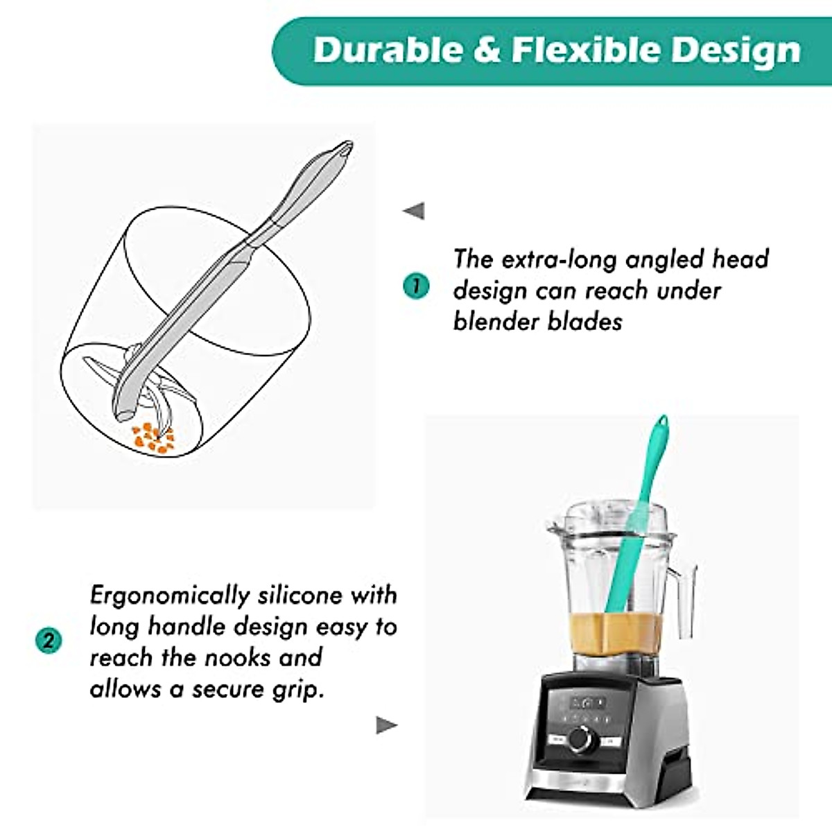 Silicone Blender Spatula for Vitamix - Blade Scraper Easy to Reach Under Blender Blades and Edges, Silicone Rubber Grip with Hanging Holes Reusable (Cyan)