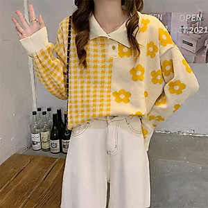 YEMOCILE Womens Kawaii Color Block Sweaters Cute Plaid Collared Pullover Jumper Sweatshirts Yellow