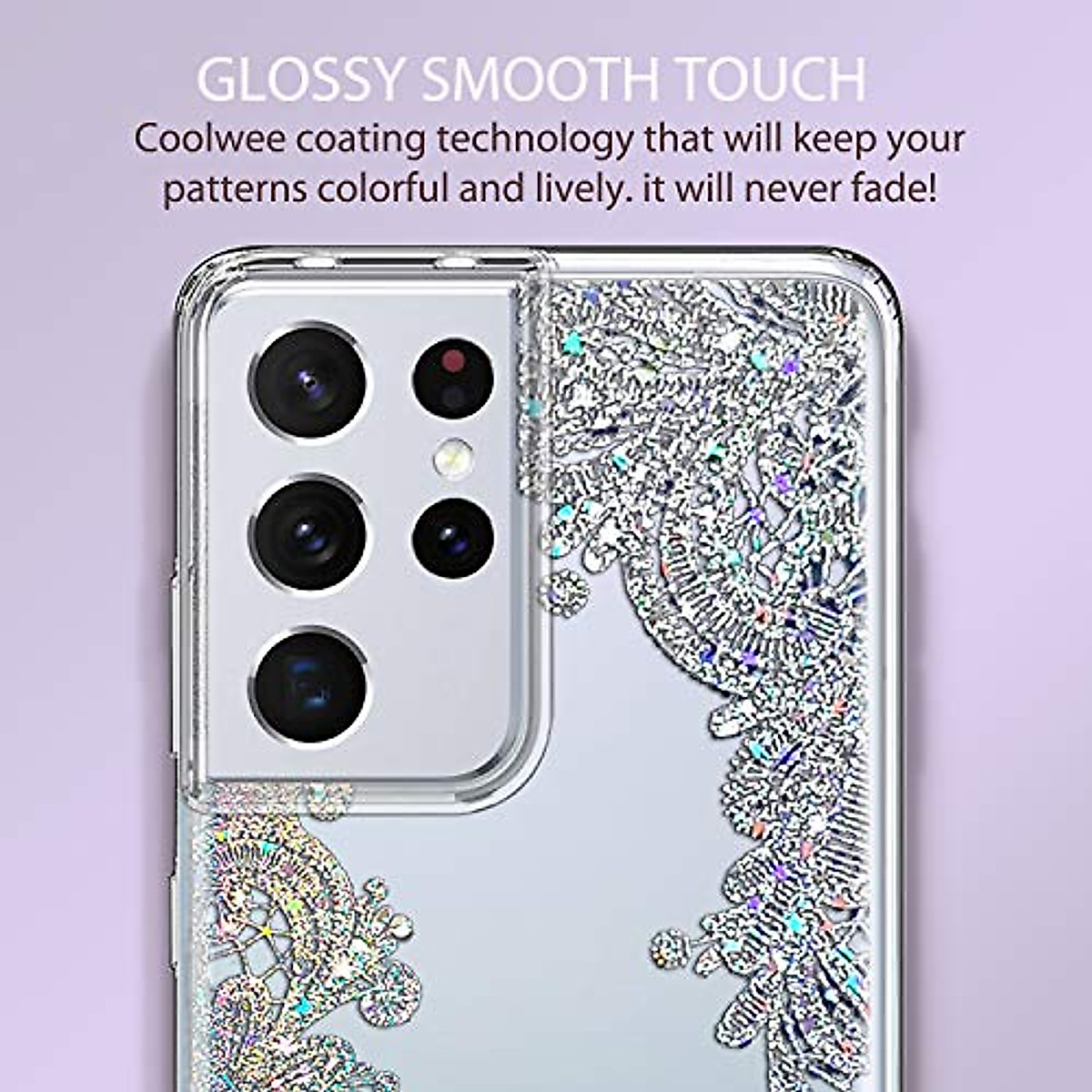 Coolwee Clear Glitter for Galaxy S21 Ultra Case Thin Flower Slim Cute Crystal Lace Bling Women Girl Floral Plastic Hard Back Soft TPU Bumper Protective Cover for Samsung Galaxy S21 Ultra Mandala Henna
