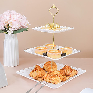 4 Pieces Plastic Cake Stand Set with 2pcs Large 3-Tier Cupcake Stands + 2pcs Appetizer Trays Perfect for Wedding Birthday Baby Shower Tea Party (White)
