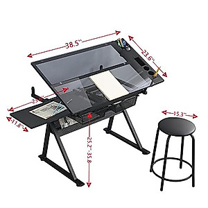 Kindmin Height Adjustable Drafting Table Drawing Table Artist Desk Tilting Tabletop Art Craft Desk Watercolor Paintings Sketching Work Station w/2 Storage Drawers and Stool for Home Office