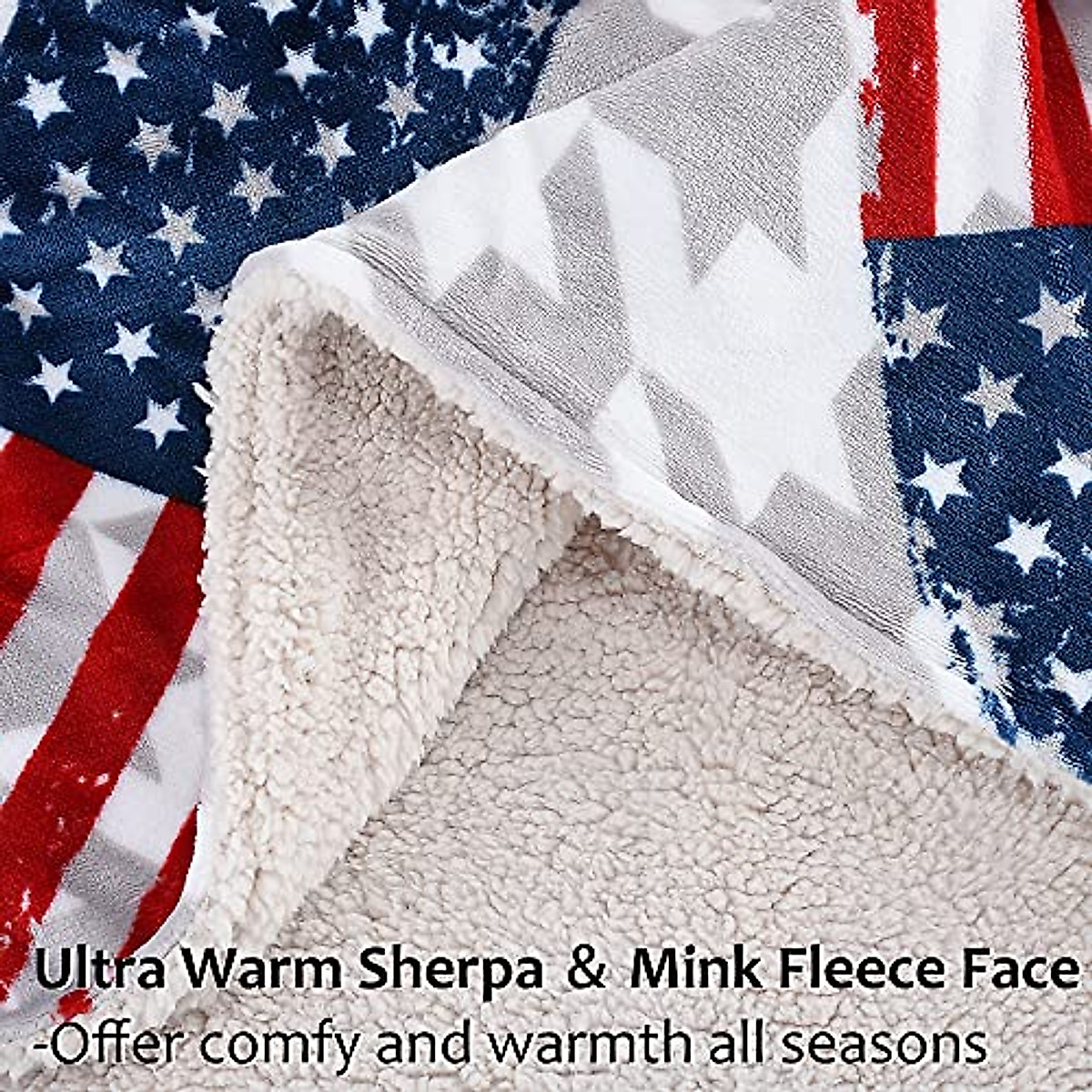 US Flag Patriotic Sherpa Throw American Flag Blanket, Super Cozy Fleece Plush Bed Throw TV Blankets Reversible for Bed or Couch 50" x 70" | USA Flag