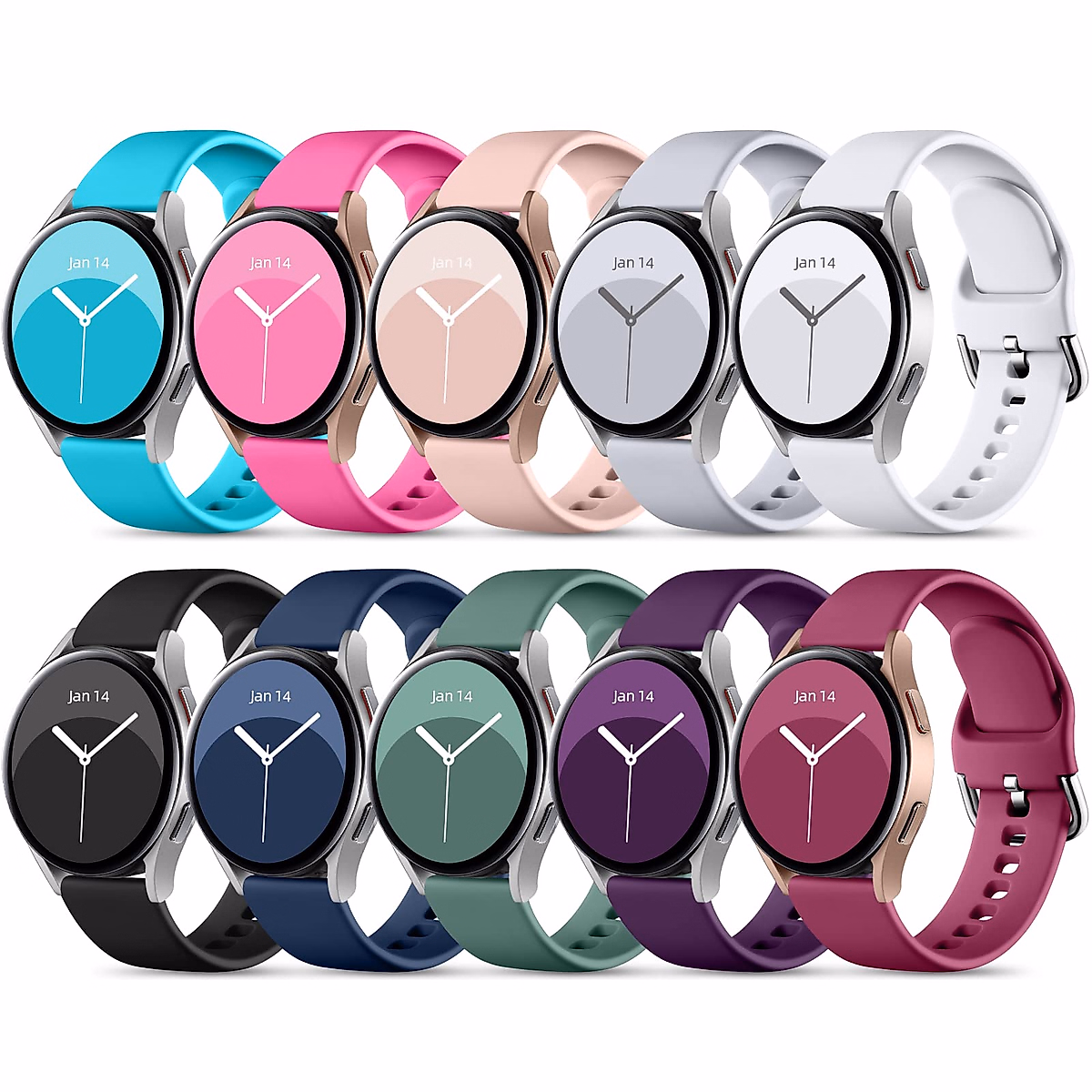 DaQin 10 Pack Bands Compatible with Samsung Galaxy Watch 7/6/5/4 40mm 44mm/Watch 6 Classic 43mm 47mm/Watch 5 Pro 45mm/Watch 4 Classic/Active 2 Band, 20mm Soft Silicone Sport Strap Wristbands Women Men