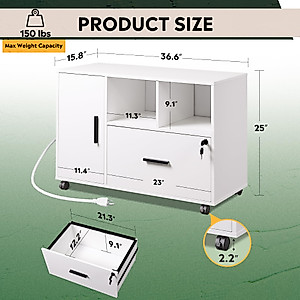 DEVAISE File Cabinet with Charging Station, 1-Drawer Lateral File Cabinets with Lock for Home Office, Wooden Rolling Printer Stand with Shelves, White