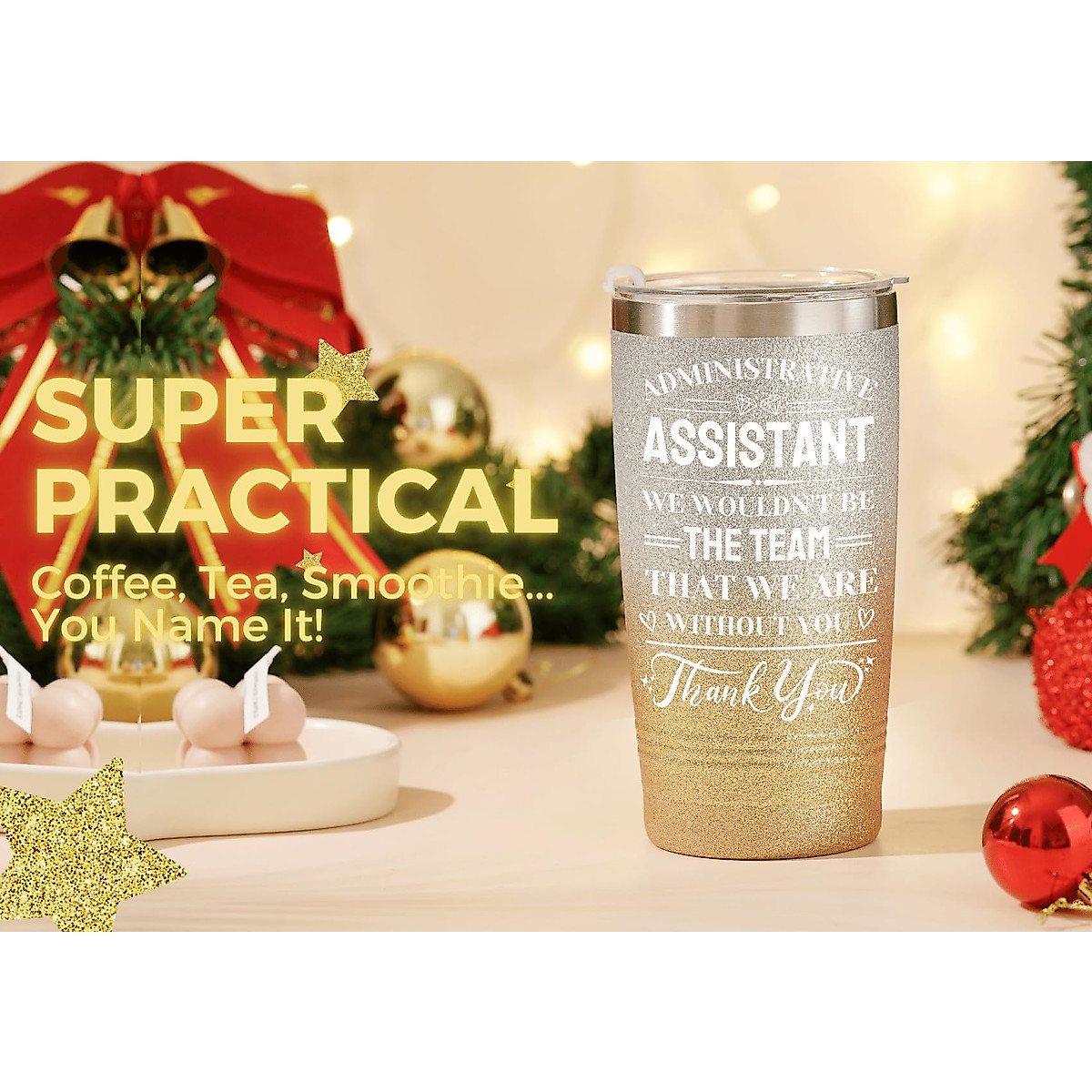 Onebttl Administrative Professional Day Gifts for Administrative Assistant, Secretary, 20 oz Stainless Steel Tumbler for Women - Thank You - Silver Golden Gradient Glitter