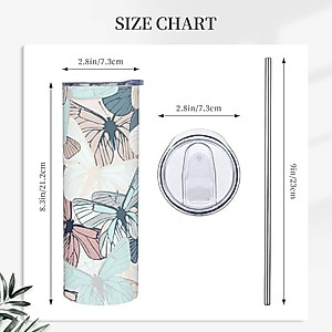 AFHYZY 20 oz Tumbler Reusable Coffee Travel Mug with Lids and Straws, Insulated Coffee Cups Leak Proof 20oz Stainless Steel Water Bottles Skinny for Women, Men, Work, Sports - Butterfly