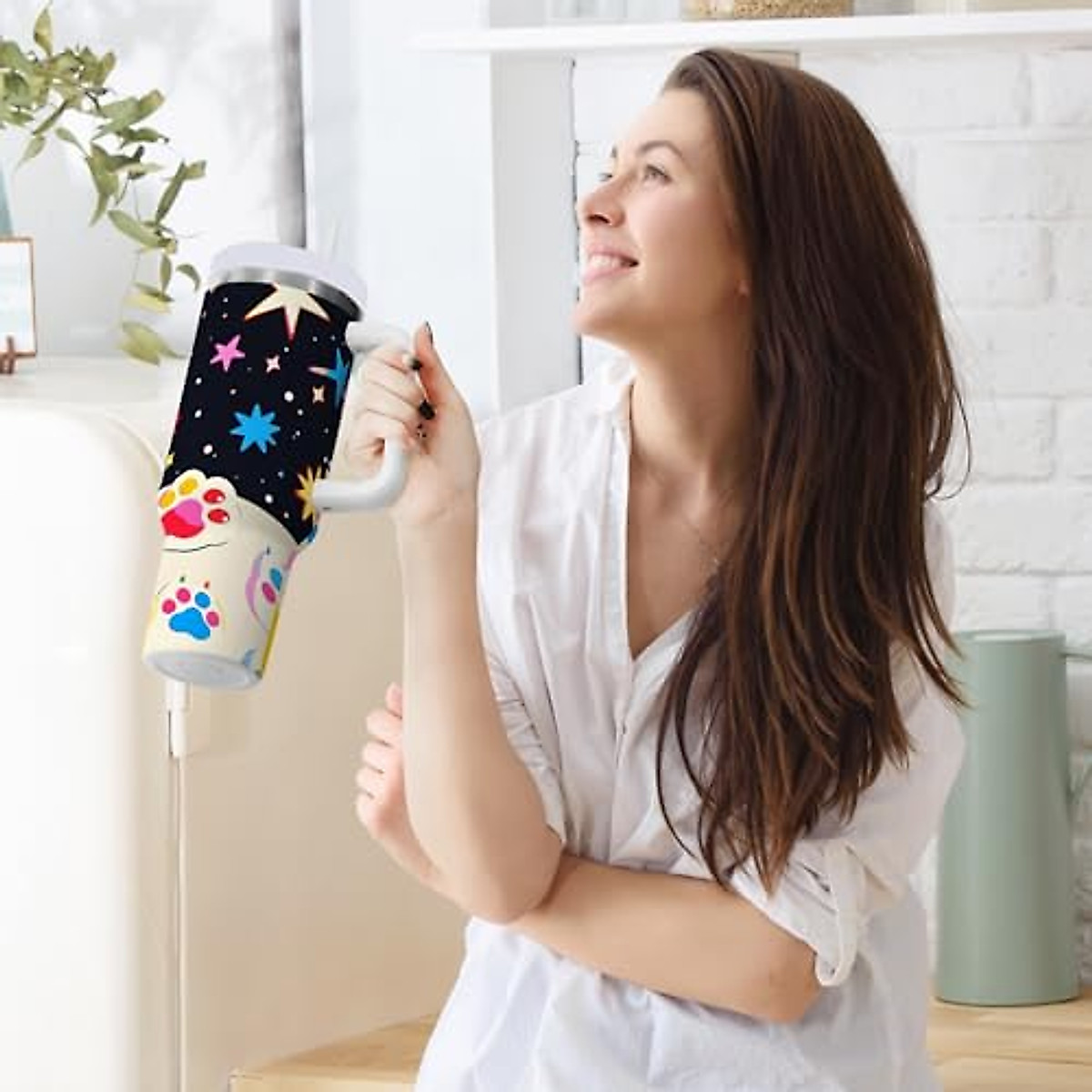 Nexawaveo Animal Paws Stars Stainless Steel Tumbler with Handle and Straw Fits in Standard Cup Holder Iced Coffee Cups for Smoothie Cocktail Beer Soda Fruit Juice