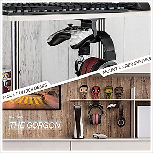 BRAINWAVZ The Gorgon - Under Desk Game Controller & Headphone Holder for XBOX, PS4, PS5, Series One, Steelseries, PC & Most Gamepads & Headsets, Screwless Hanger Stand, Black