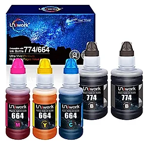 Uniwork Compatible Refill Ink Bottle Replacement for Epson 774 664 T774 T664 for ET-2650 ET-2550 ET-16500 ET-4500 ET-4550 ET-3600 ET-2600 ET-4550 Printer Tray (Black, Cyan, Magenta, Yellow, 5Pack)