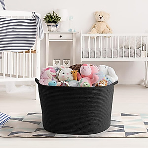 Blanket Basket Living Room, Cotton Rope Basket for Storage, Maliton Woven Extra Large Basket, 22" x 14" Nursery Laundry Basket with Handles, Toy Storage Basket Bin for Baby and Pet, Black