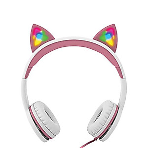 Gabba Goods Premium Kid's/Children's Safe Sound LED Light Up in The Dark Cat Over The Ear Comfort Padded Stereo Headphones with AUX Cable | Earphones - 85 Decibels