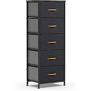 WAYTRIM Dresser Storage Tower, 5 Fabric Organizer Drawers, Wide Chest of Drawers for Closet Boys & Girls Bedroom, Bedside Furniture, Steel Frame, Wood Top, Fabric Bins, Easy Installation (Dark Grey)