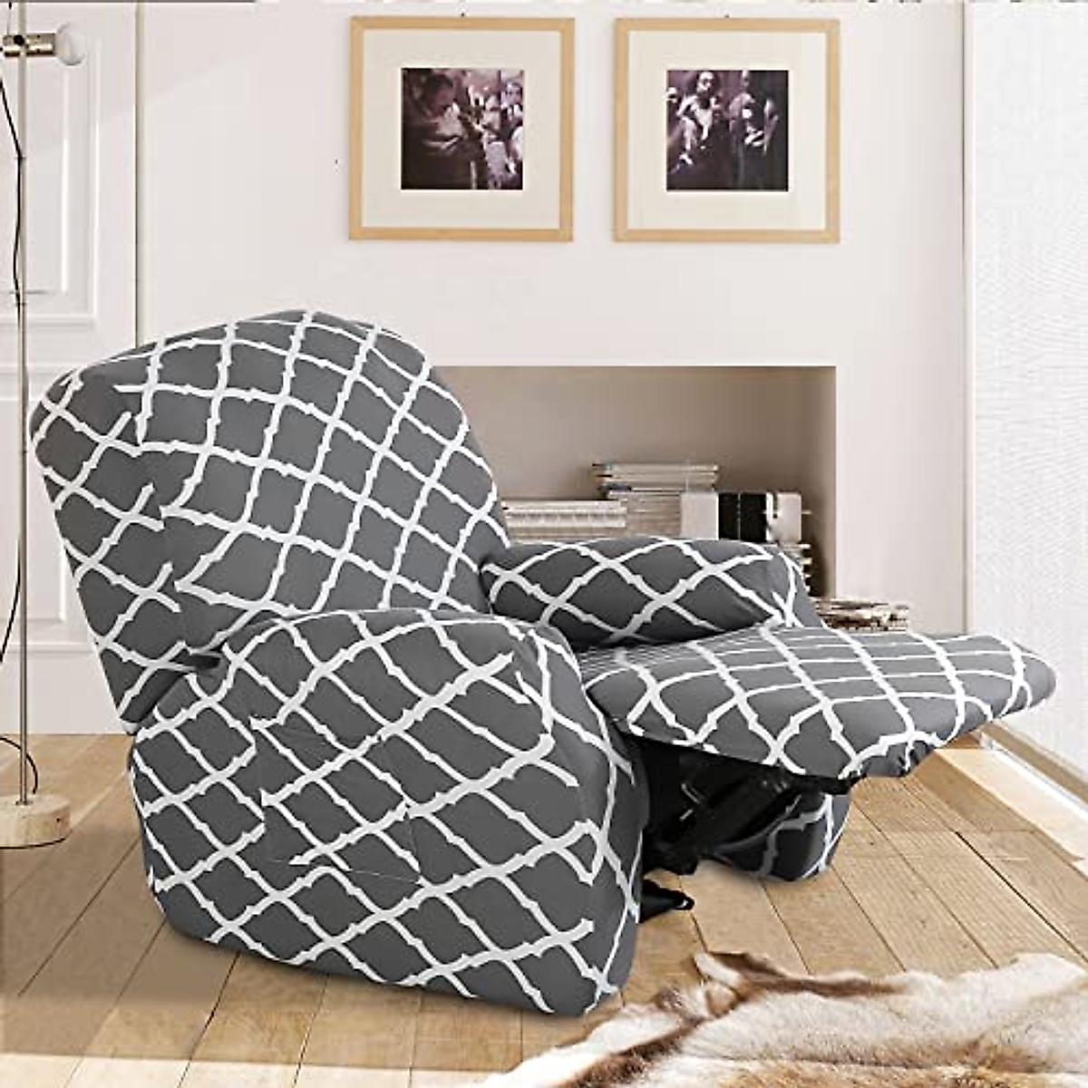 FIGOOO Recliner Sofa Slipcover 4-Piece Stretch Recliner Chair Covers Non Slip Spandex Pattern Recliner Cover with Pockets Reclining Couch Covers Furniture Protector for Dogs Cats(Gray Plaid,1 Seater)