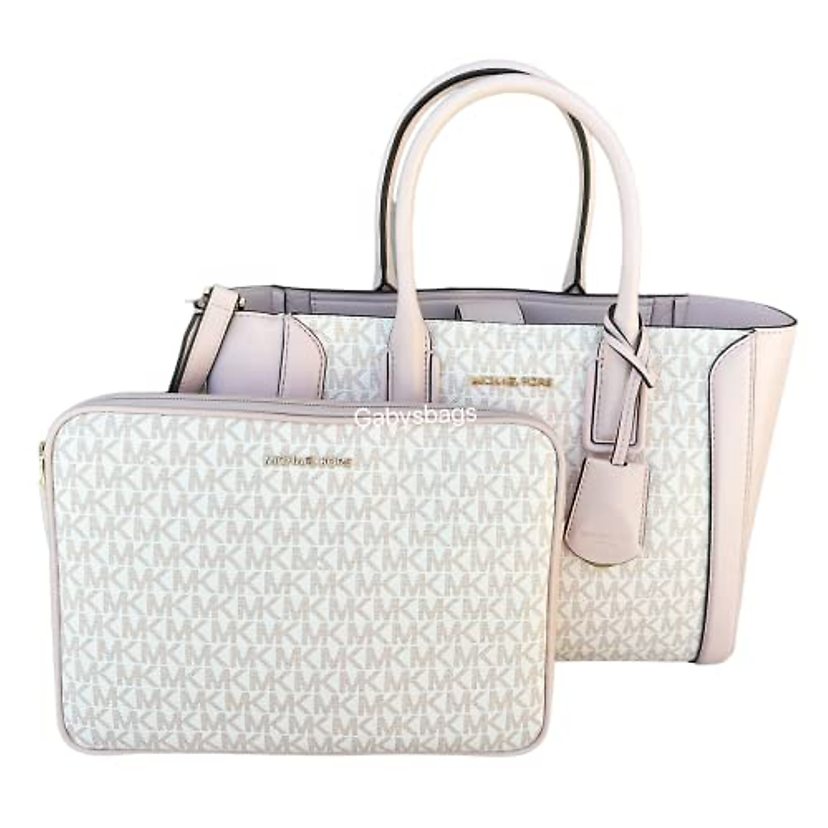 Michael Kors Kali Medium Satchel Tote Crossbody Signature MK + Ipad Case (Pink Optic White Rose Gold)