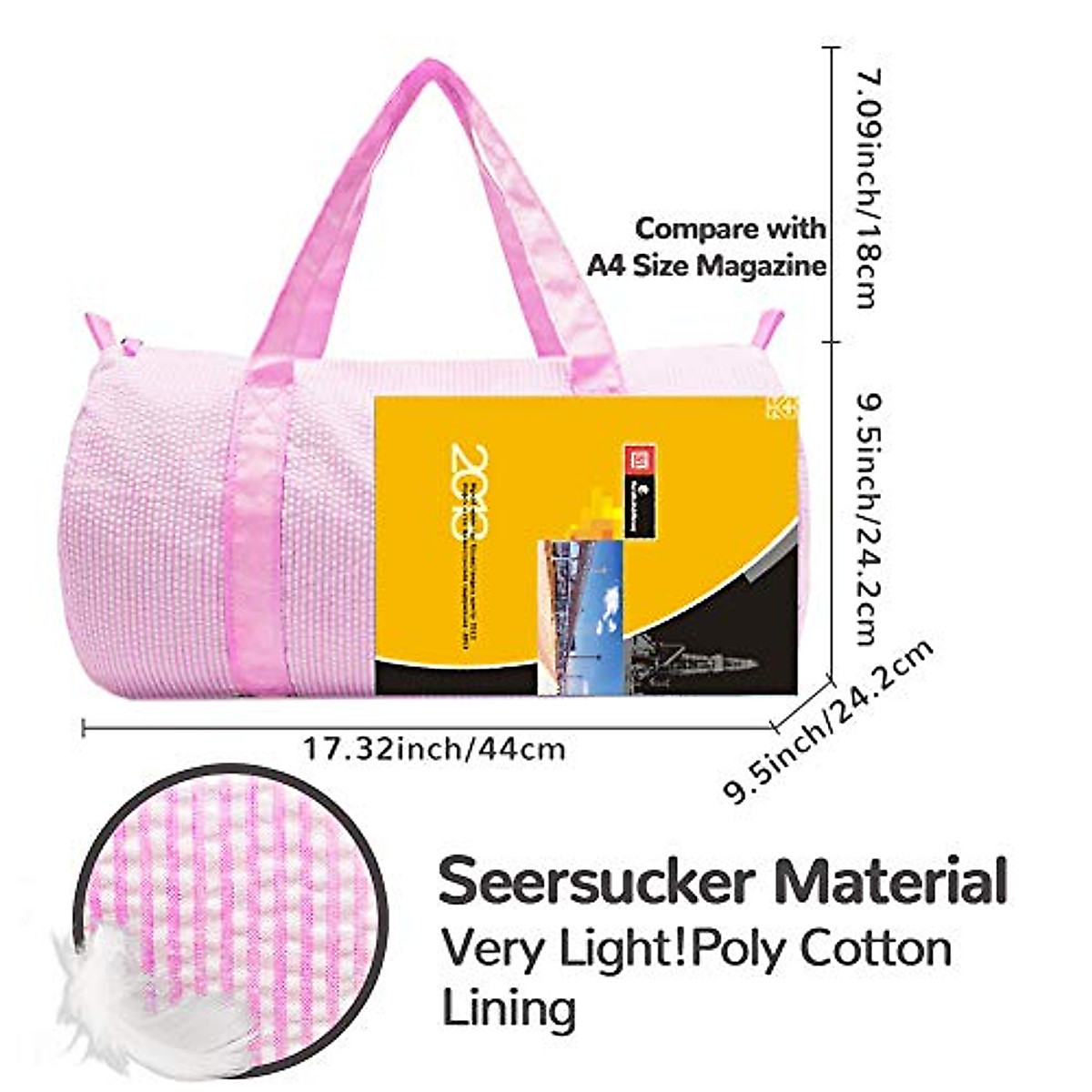 GFU Duffle Bag for Kids, Overnight Duffel Bags for Boys and Girls, Seersucker Travel Bag Large Dance bag, Toddler Weekender Bag, Child Carry-On Sports Gym Bag, Gift, Pink