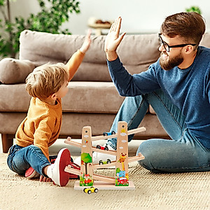 KUSARKO Wooden Race Car Ramp, 4 Level Car Ramp Race Track Toy with 4 Mini Cars, Toddler Race Car Ramp Toy Set, Gift for 3+ Age Boys and Girls